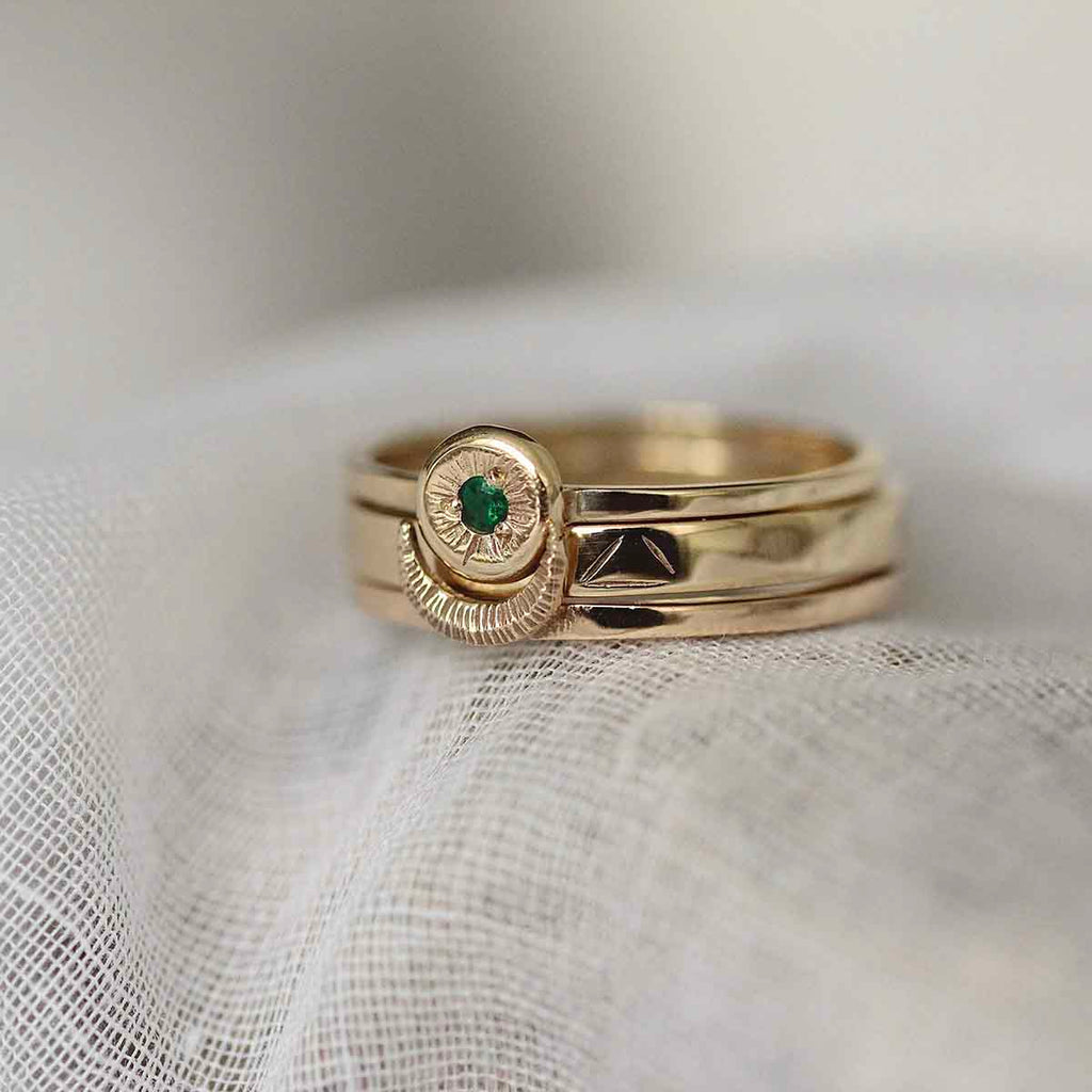 Sun Moon Four Elements Rings Set with Emerald Solid Gold